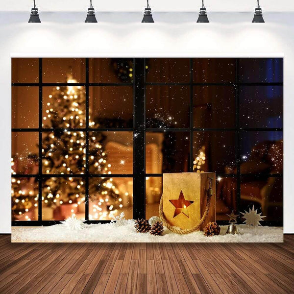 Christmas Window View Backdrop with Tree and Lantern – webackdrops
