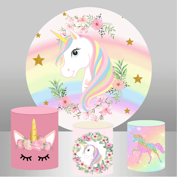 Rainbow Unicorn Round Backdrop with Floral and Cylinder Set – webackdrops