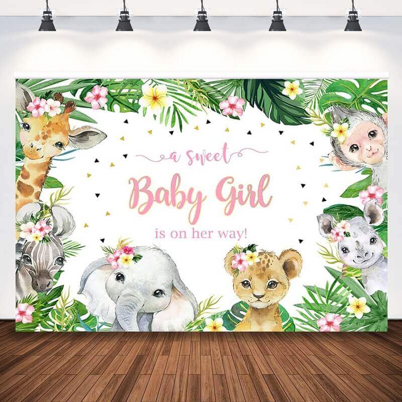 Animals Theme A Sweet Baby Girl Is On Her Way Backdrop – webackdrops