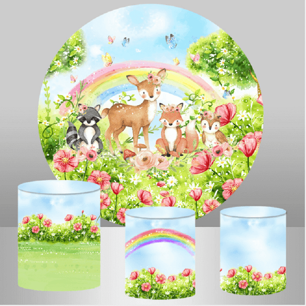 Spring Rainbow Wild Animals Round Backdrop& Cylinder Covers – webackdrops