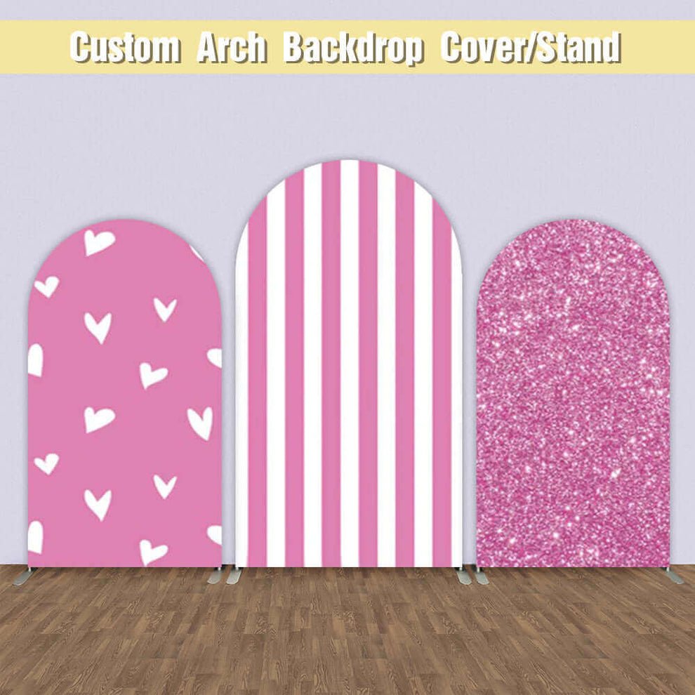 Pink Heart Stripe & Glitter Arched Backdrops for Celebration – webackdrops