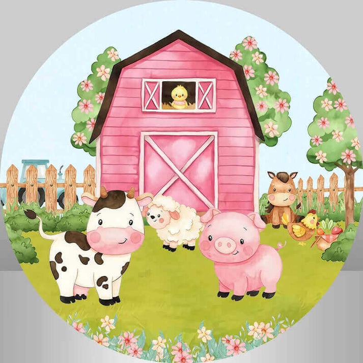 Adorable Farm-Themed Pink Barn Round Party Backdrop – webackdrops