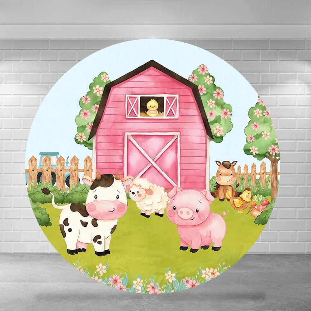 Adorable Farm-Themed Pink Barn Round Party Backdrop – webackdrops