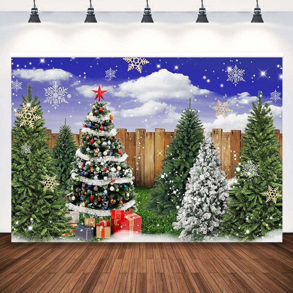 Christmas Tree Backdrop with Snowflakes & Gifts for Photo – webackdrops